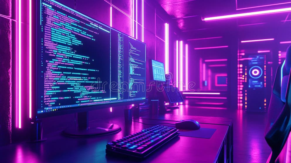 Neon Pink Purple Coding Room Programmer Workspace Computer Setup Stock ...