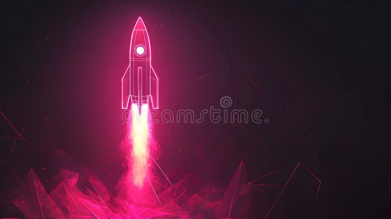 Neon Pink Rocket Launching through Dark Space with Futuristic Geometric ...