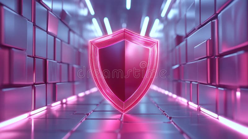 Shield Icon Glowing in a Futuristic Digital Corridor, Symbolizing ...