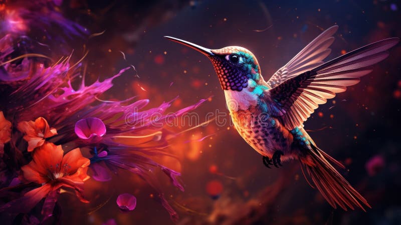 A Neon Pink Space Hummingbird Hovering in Front of a Glowing Neon ...