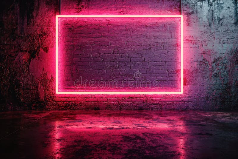 Neon Pink Square Frame on Dark Background with Reflections on Wet Floor ...
