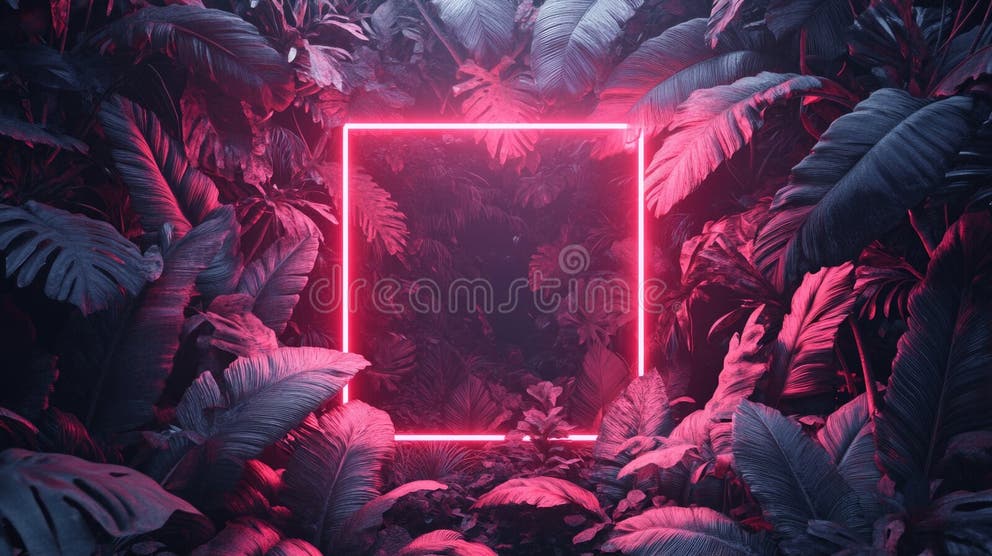 Neon Pink Square Frame in Mysterious Tropical Jungle Stock Image ...
