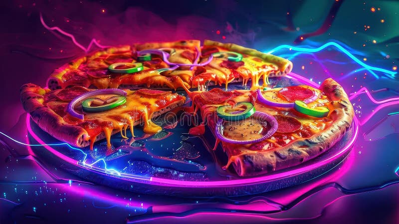 Neon Pizza with Melted Cheese Stock Illustration - Illustration of ...
