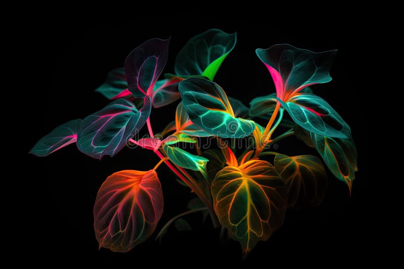 Neon Plant Against Black Background, with Pop of Color Stock Image ...