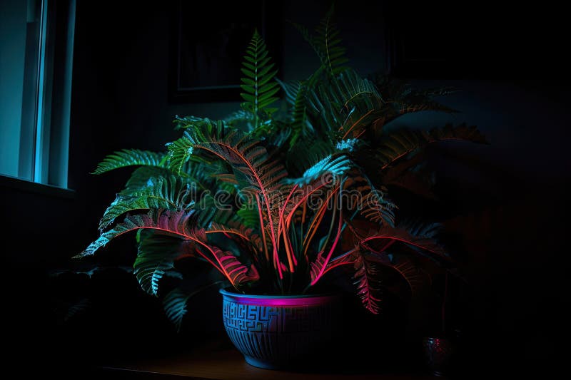 Neon Plant in Dark Room, with Dramatic Lighting Stock Illustration ...
