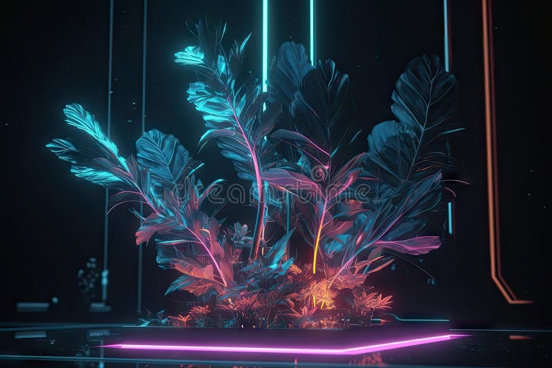 Neon Plant in a Futuristic Setting, with Holographic Visuals and ...