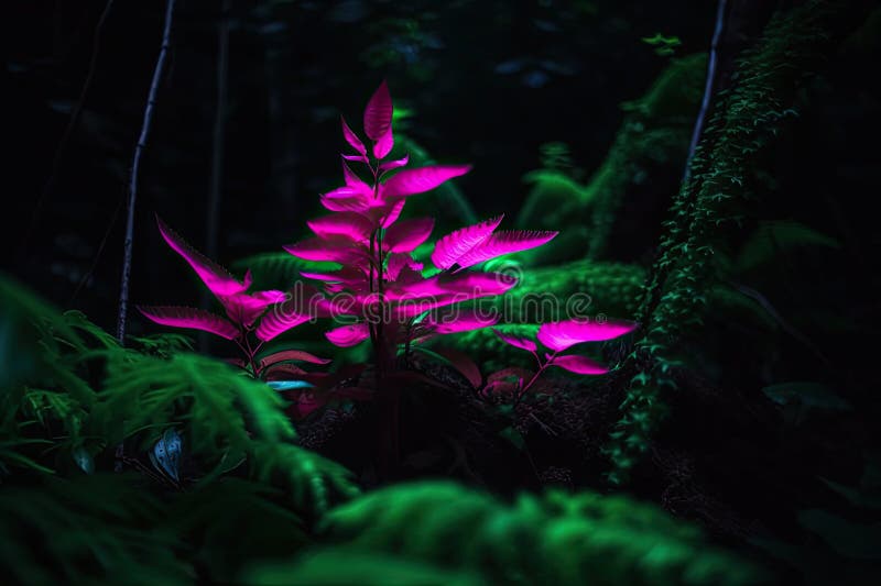 Neon Plant Growing in the Forest, with Natural Trees and Greenery Stock ...