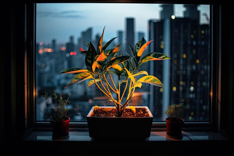 Neon Plant Growing in Window Sill, with View of the City Stock Image ...
