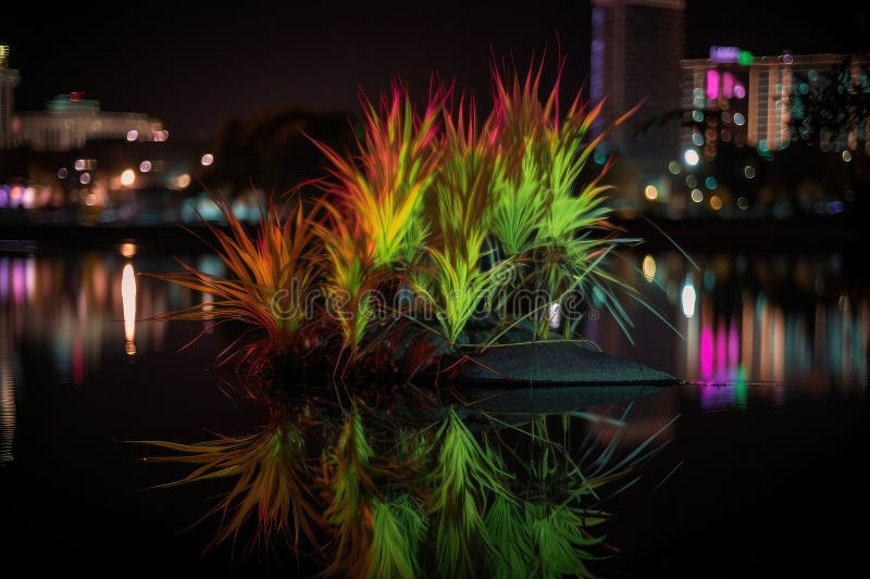 Neon Plant by Lake, with Reflections on the Water Stock Photo - Image ...