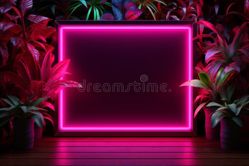 Neon Plants with Empty Inside Mockup Adframe. Background Template with ...