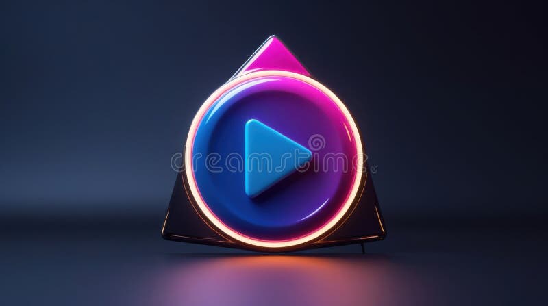 Neon Play Button Inside a Triangle on Dark Blue Background Stock ...