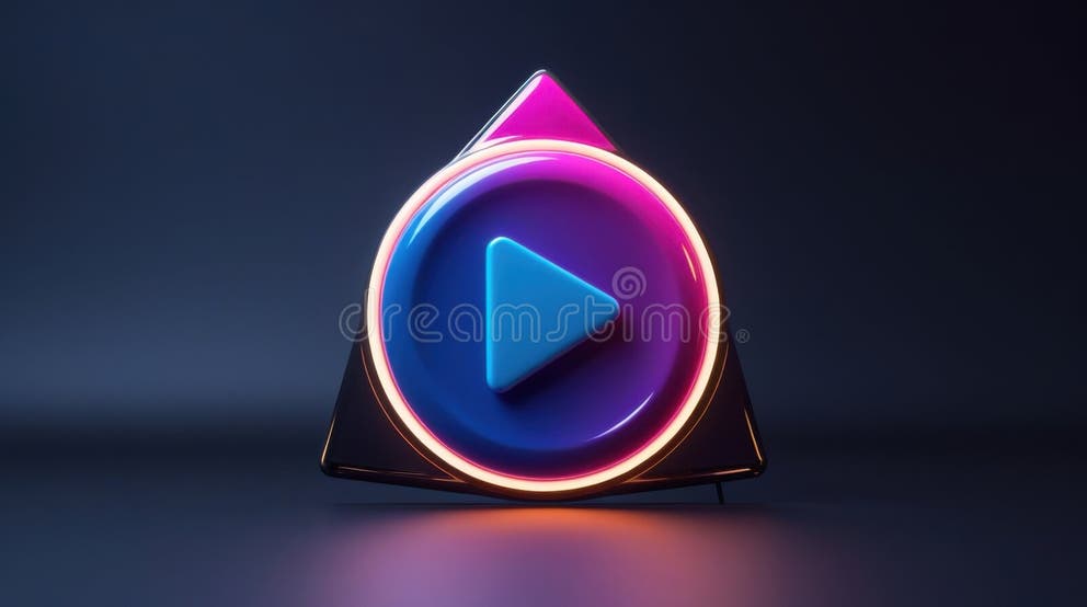 Neon Play Button Inside a Triangle on Dark Blue Background Stock Illustration - Illustration of ...