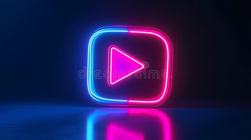 Neon Play Button in Square Frame with Bright Light Effects Stock ...