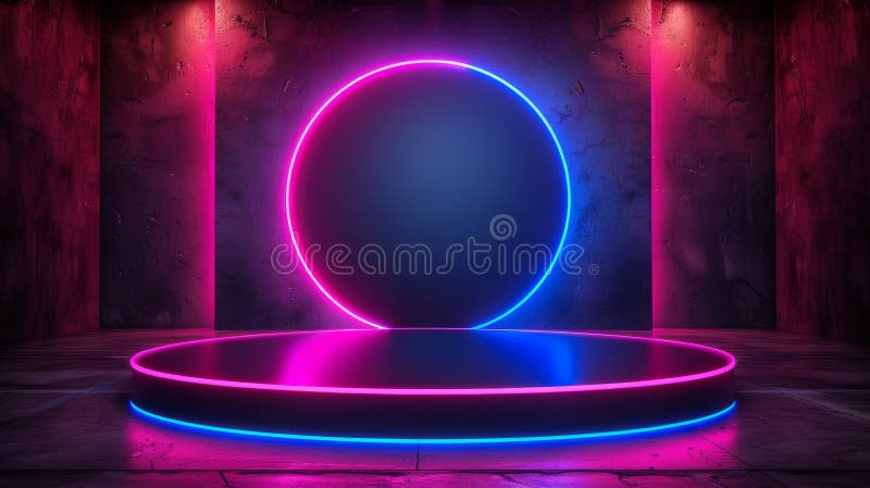 Neon Podium with Blue Light and Circular Design in a Dark Setting Stock ...