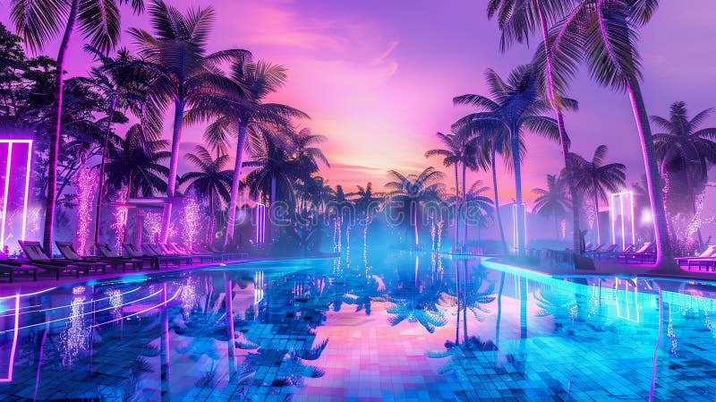 Neon Pool Party at Sunset with Palm Trees and Tropical Vibes Stock Photo - Image of sunset ...