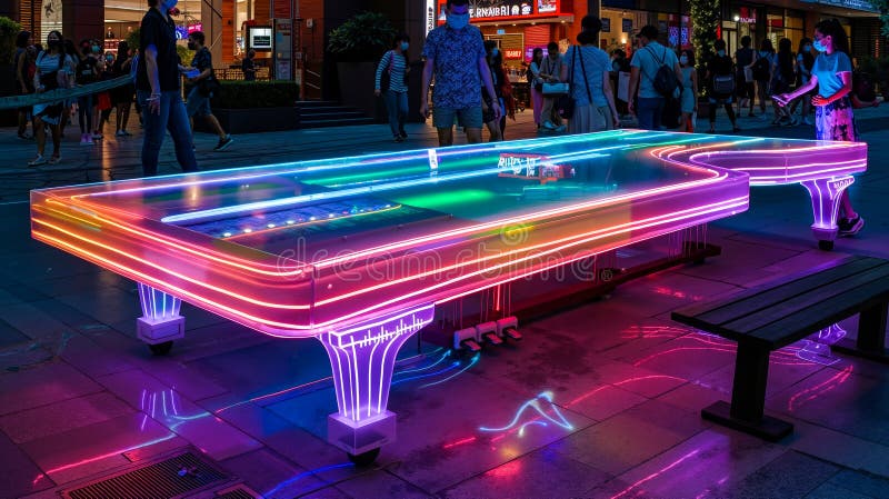 A Neon Pool Table in the Middle of a City Street at Night Stock Image ...