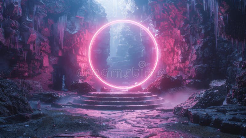 Neon Portal in Mystical Cave - Generative Ai Stock Illustration ...