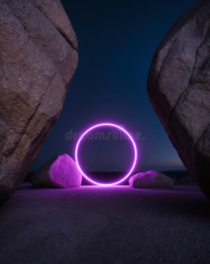 Neon Purple Circle between Rocks at Night. Stock Photo - Image of wheel ...
