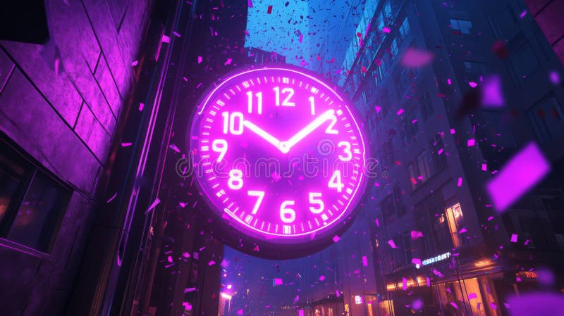 Neon Purple Clock in Futuristic City at Night Stock Illustration ...