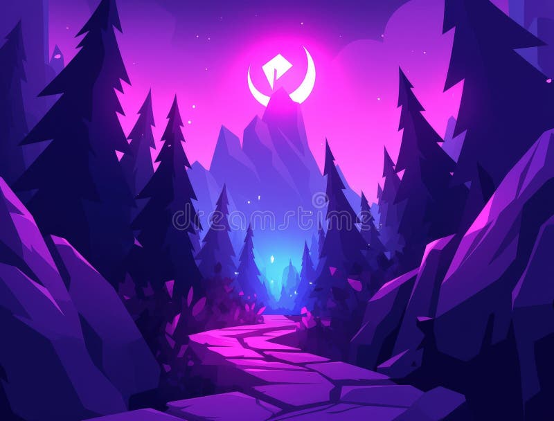 Neon Purple Forest Path at Night Stock Illustration - Illustration of ...