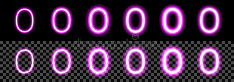 Neon Purple Glow Number 0 on Black Background. Six Zeros with Different ...