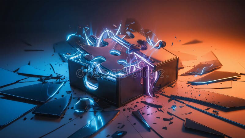 Neon Puzzle Piece Exploding from Shattered Box, High Quality Image ...