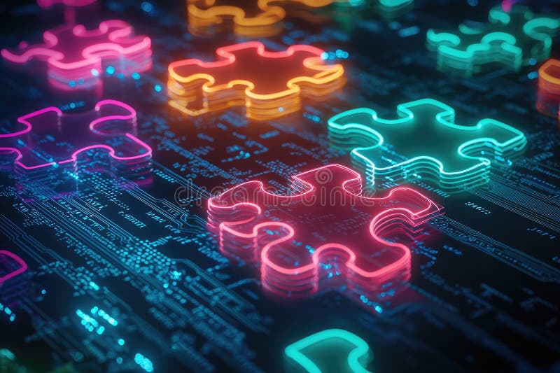 Neon Puzzle Pieces Over Digital Background Stock Photo - Image of ...