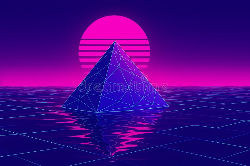 Cyberpunk - Style Neon Pyramid & Sunset Landscape Illustration ...