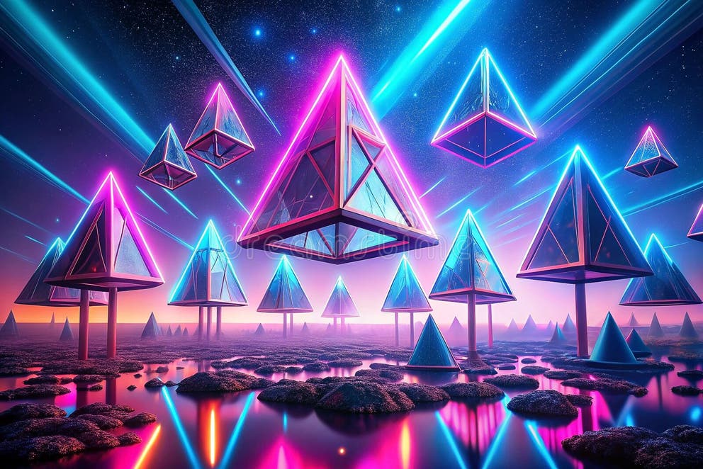 Neon Pyramids Floating Over a Mystical Landscape at Dawn Stock ...