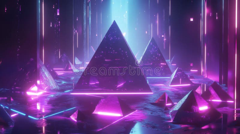 Neon Pyramids in a Glowing, Glitched Landscape Stock Illustration ...