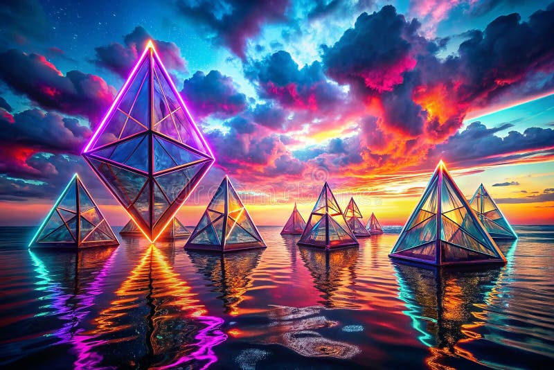 Neon Pyramids on Water at Sunset, Abstract Scene Stock Illustration ...