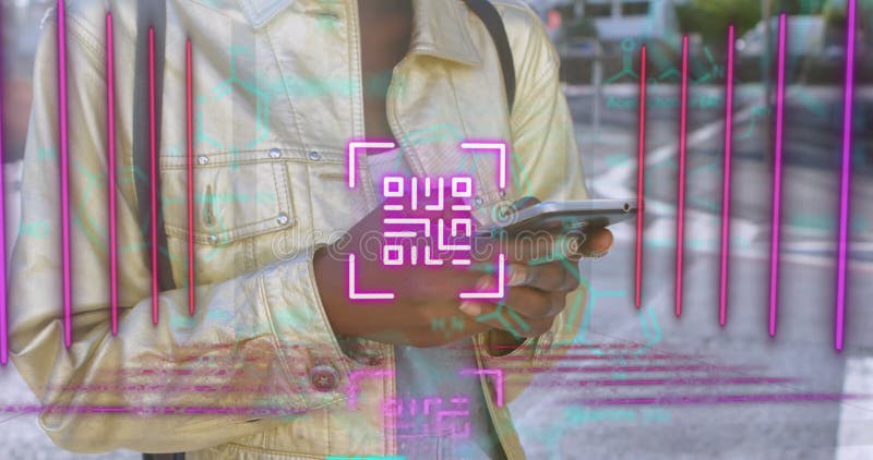 Neon Qr Code Scanner and Data Processing Against Mid Section of Woman ...