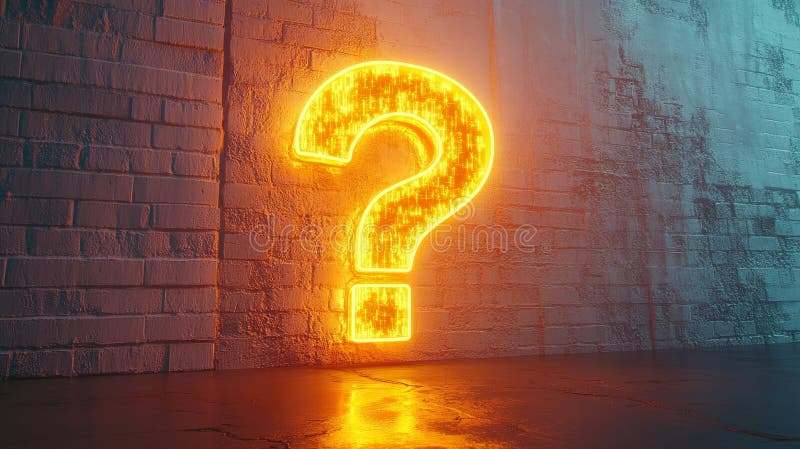 Neon Question Mark on a Brick Wall, Glowing at Night. Stock Photo ...