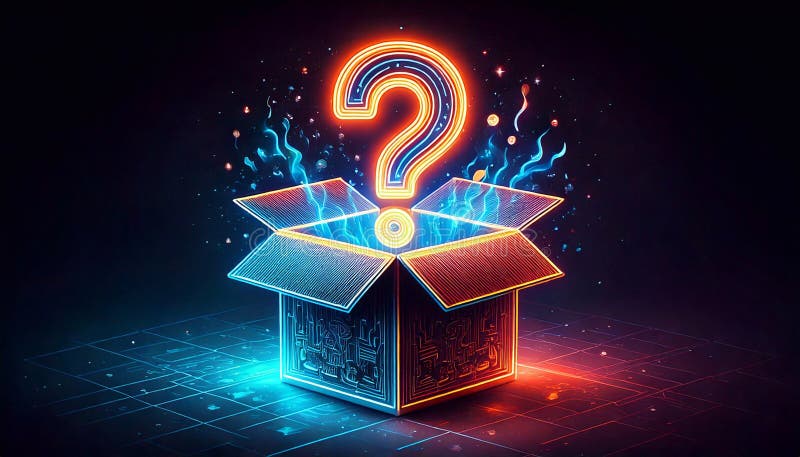 Neon Question Mark Emerging from an Open Box with Glowing Elements ...