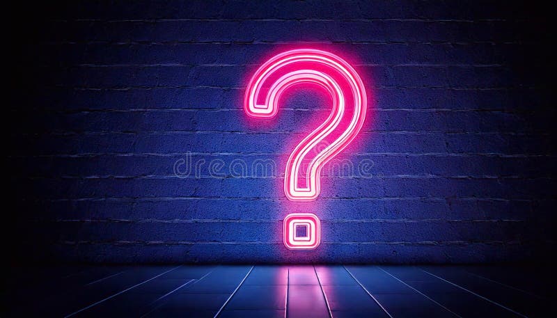 Neon Question Mark Glowing on Dark Brick Wall in Dimly Lit Room Stock ...