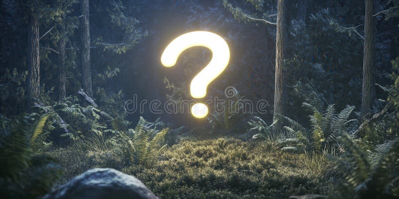 Neon Question Mark Illuminates a Mysterious Forest Under Blue Twilight ...