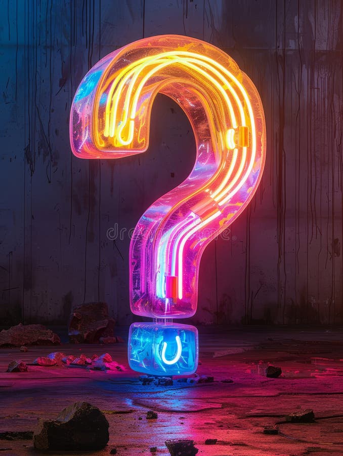 A Neon Question Mark Sign Glowing in a Dark, Moody Environment. Stock ...