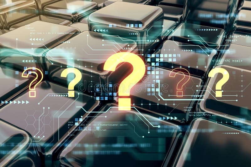 Neon Question Marks with Digital Circuit Lines on Futuristic Background ...