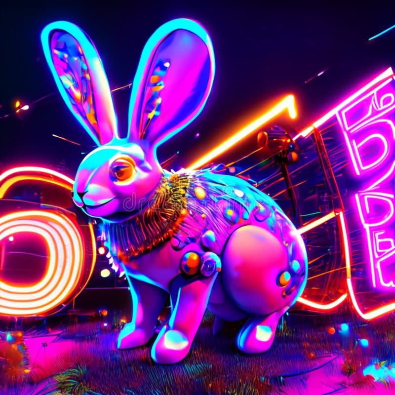 Neon Rabbit in Neon Light. 3d Rendering, 3d Illustration Stock ...