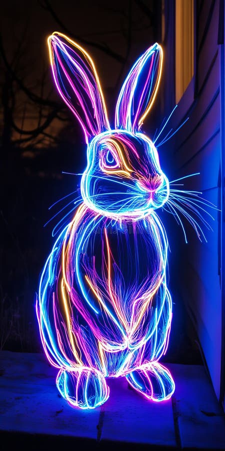 A Neon Rabbit is Standing on a Sidewalk Stock Illustration ...