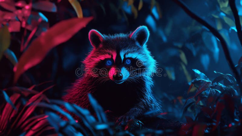 Neon Raccoons in a Tropical Forest at Night Stock Illustration ...