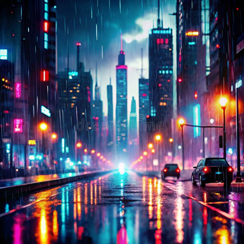 Neon Rain City Street Scene Stock Illustration - Illustration of ...
