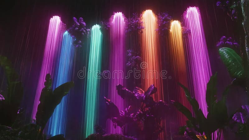 Neon Rain Forest Waterfall stock video. Video of vivid - 383111139
