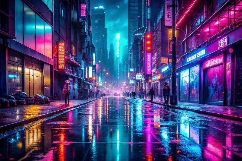 Neon Rain Street City, People Walking, Vibrant Reflections Stock ...