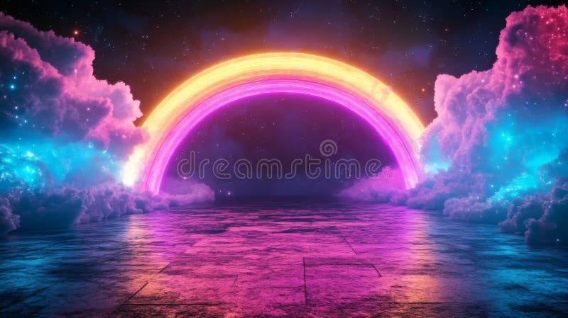 Neon Rainbow Arc in a Night Sky with Clouds Stock Photo - Image of ...