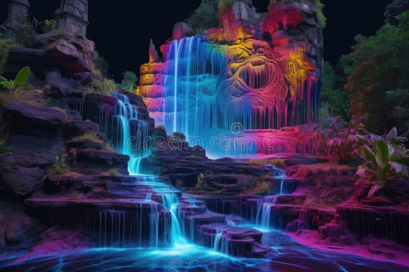 Neon Rainbow-colored Cascading Waterfall at Night Stock Illustration ...