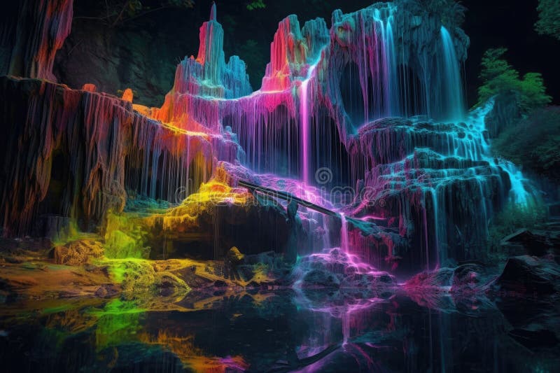 Neon Rainbow-colored Cascading Waterfall at Night Stock Illustration ...