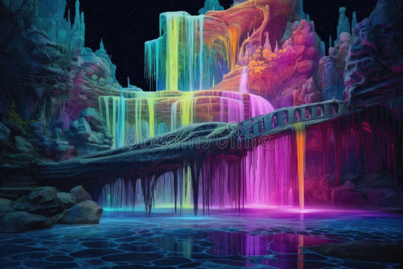 Neon Rainbow-colored Cascading Waterfall at Night Stock Illustration ...