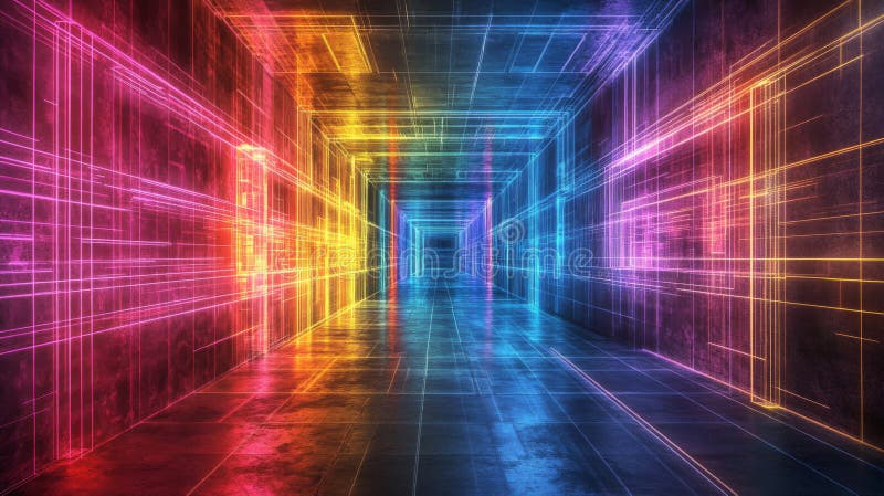 Neon Rainbow Corridor Abstract Digital Art Stock Illustration ...