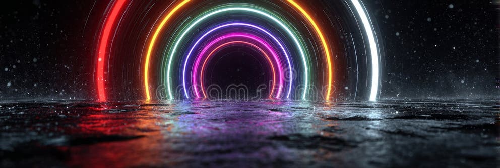 Neon Rainbow Data Tunnel with Concentric Glowing Rings and Scrolling ...